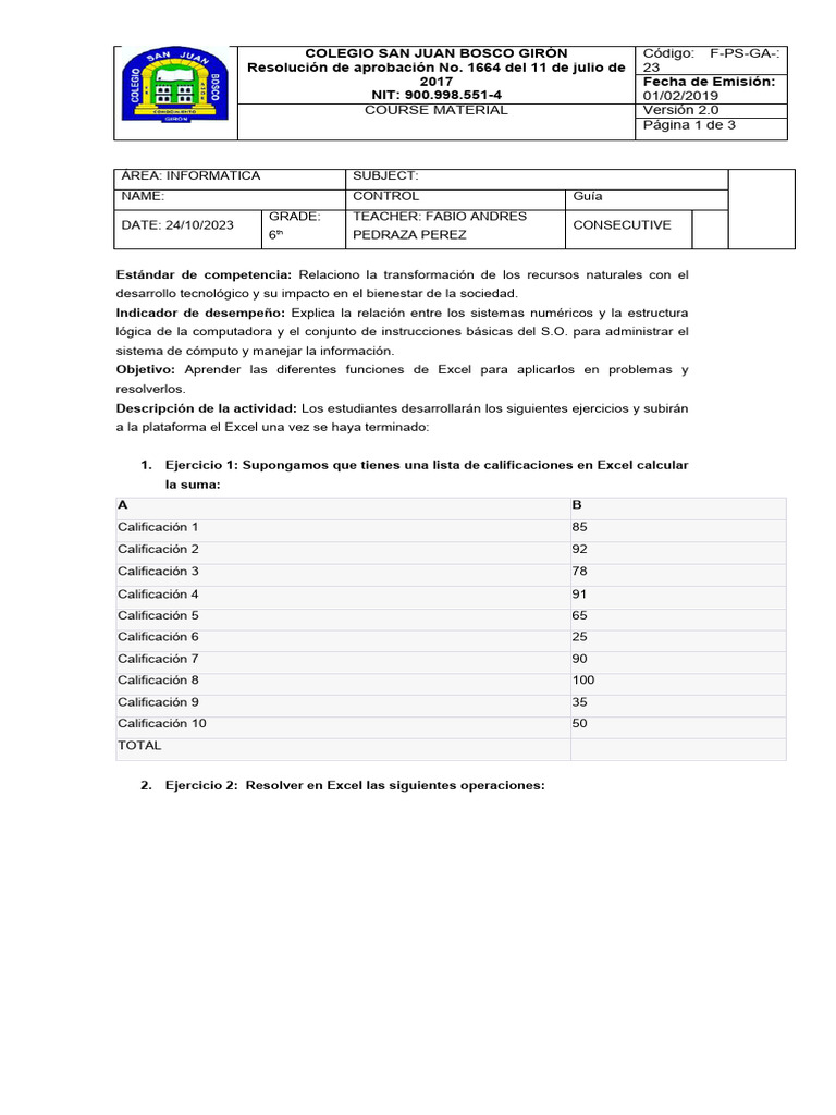 Ejercicios en Excel de Funciones | PDF