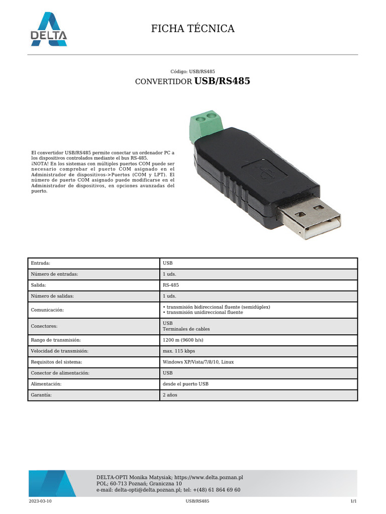 Delta-Opti Datasheet-USB - RS485 | PDF