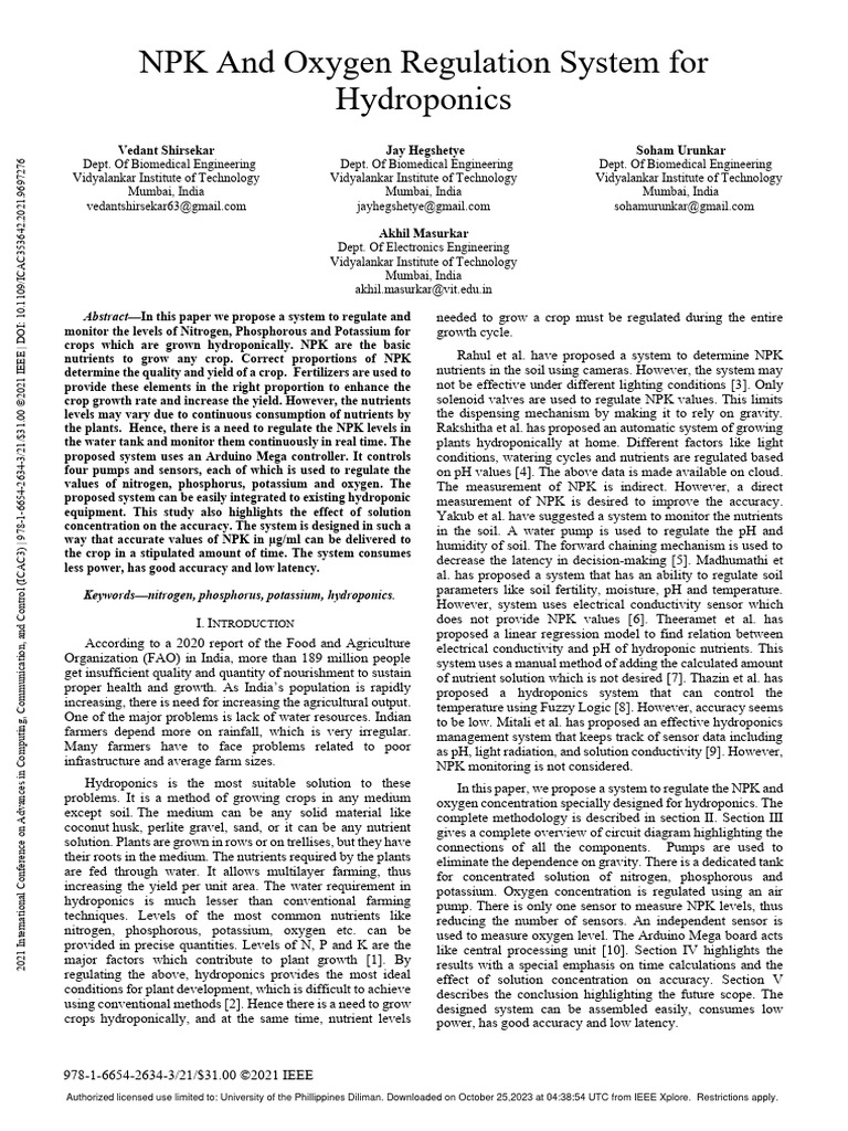 NPK and Oxygen Regulation System For Hydroponics | PDF | Hydroponics ...