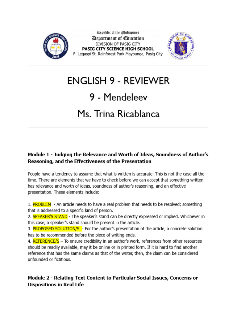 Q4 English Reviewer Grade9 | PDF | Play (Theatre)