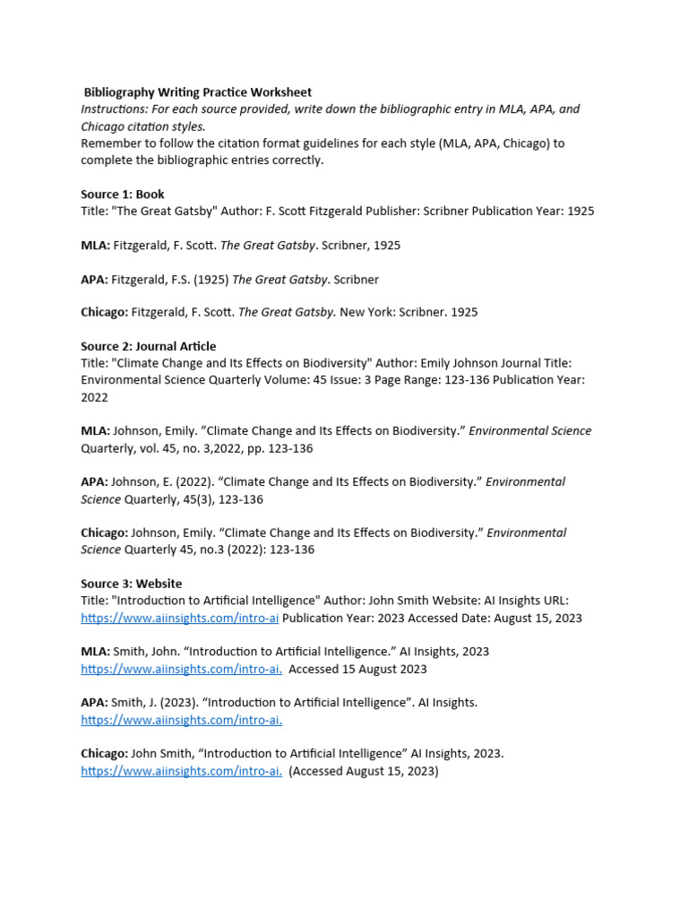 Bibliography Writing Practice Worksheet - Athan Jacob Arenas | PDF