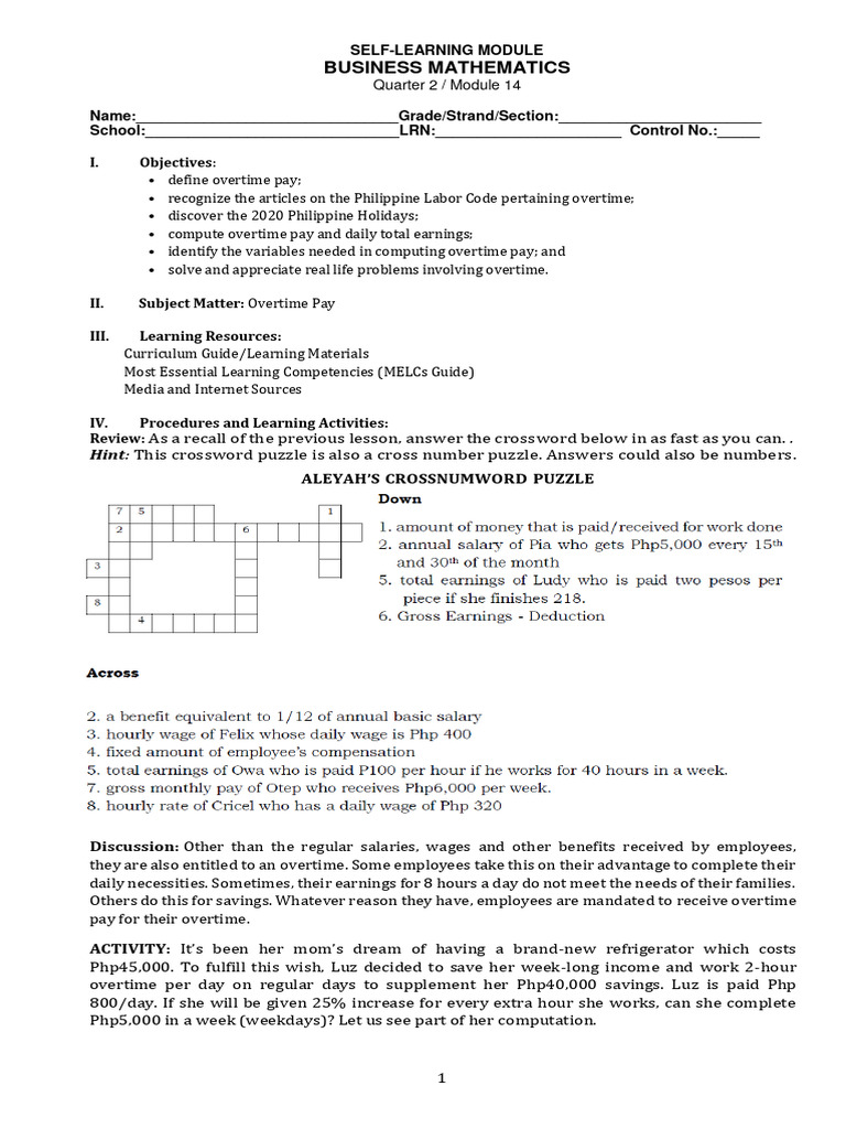 Business Mathematics - Module 14 - Overtime Pay | PDF | Overtime ...