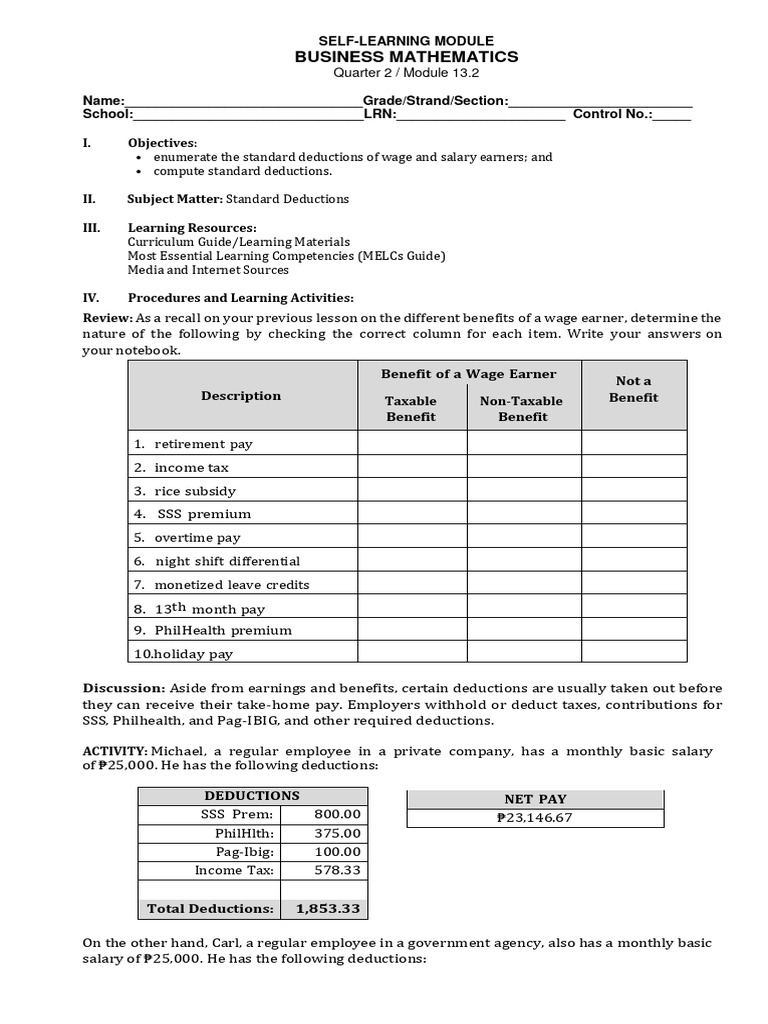 Business Mathematics - Module 13.2 - Standard Deductions | PDF