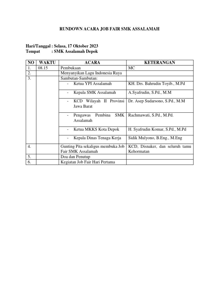 Rundown Job Fair SMK Assalamah 2023 | PDF