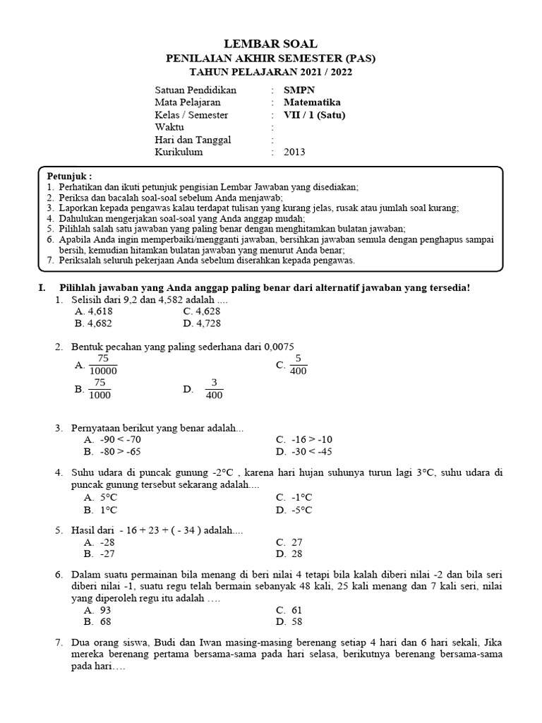 Soal PAS MTK Kelas 7 SM1 | PDF