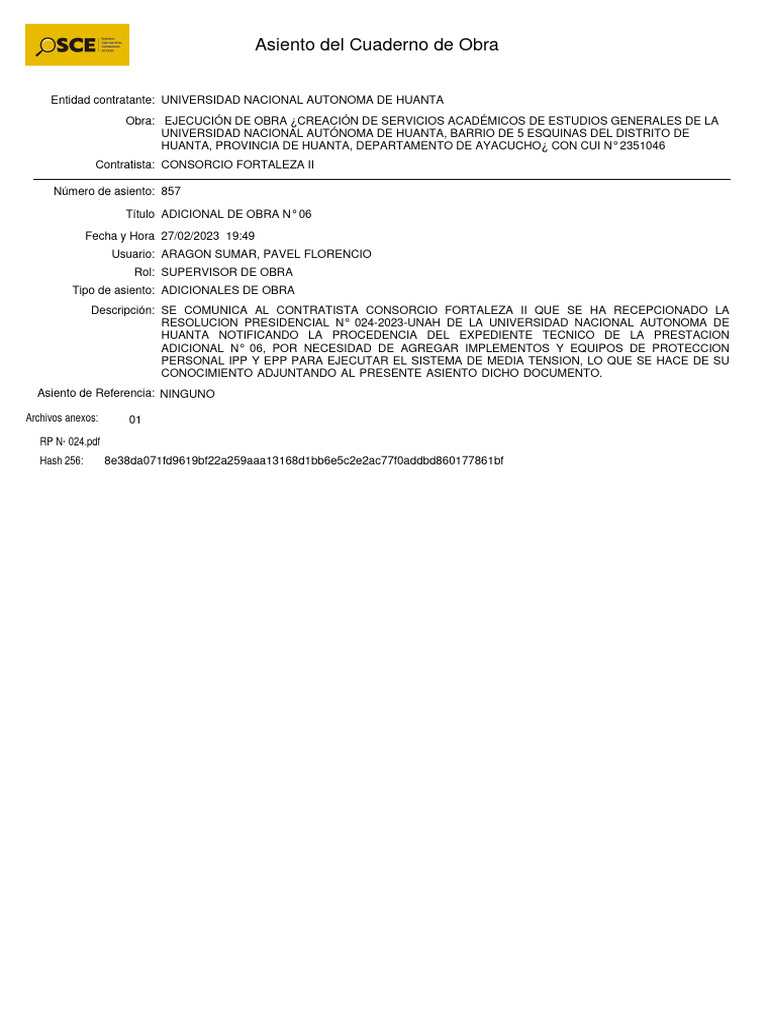 Asiento Del Adicional #06 Comunicando Al Contratista | PDF