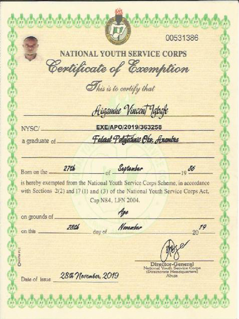 Nysc Exemption Certificate | PDF