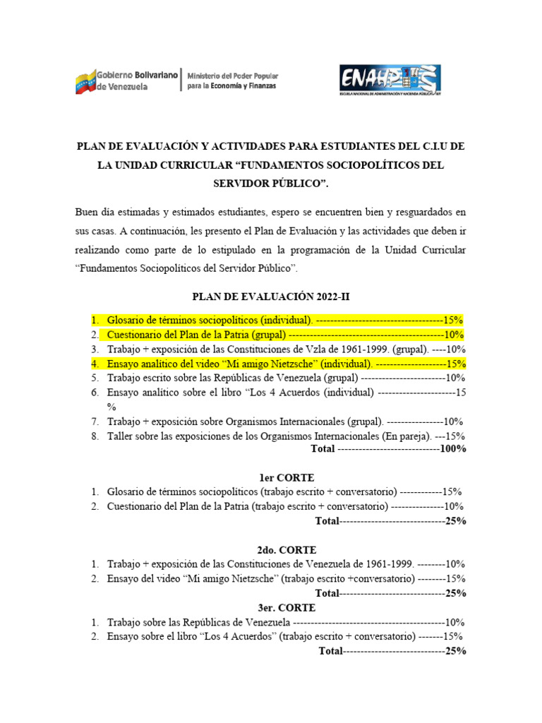 Nuevo Plan de Evaluación Fundamentos Sociopolíticos CIU. | PDF