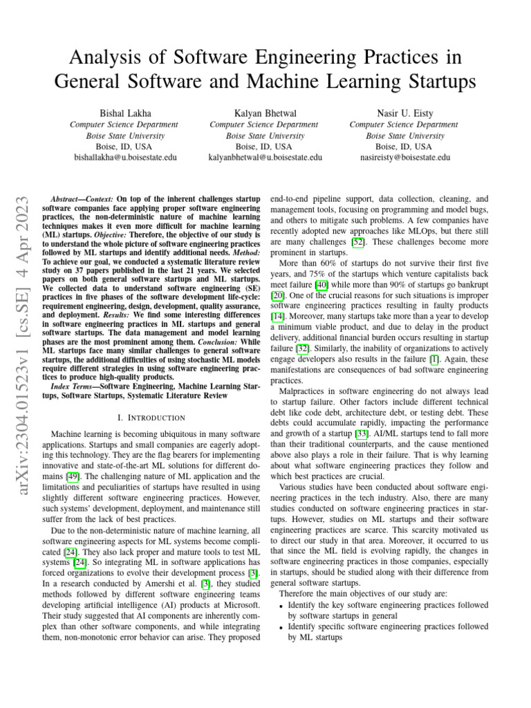 Analysis of Software Engineering Practices in General Software and Machine Learning Startups | PDF