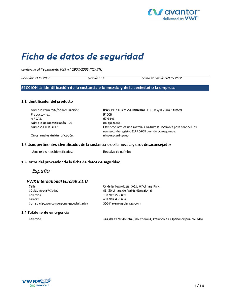 Hojas de Seguridad IPASEPT 70 | PDF | Agua | Química