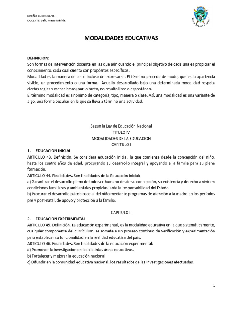 Modalidades de La Educacion | Descargar gratis PDF | Educación de la ...