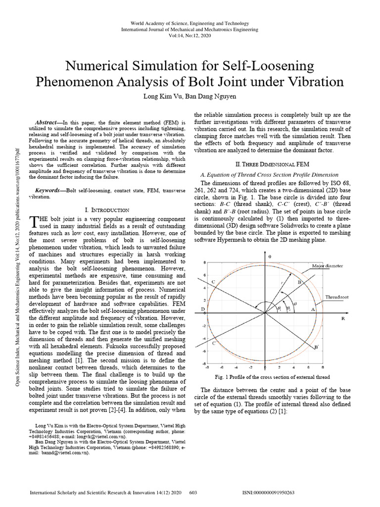Numerical Simulation For Self Loosening Phenomenon Analysis of Bolt ...
