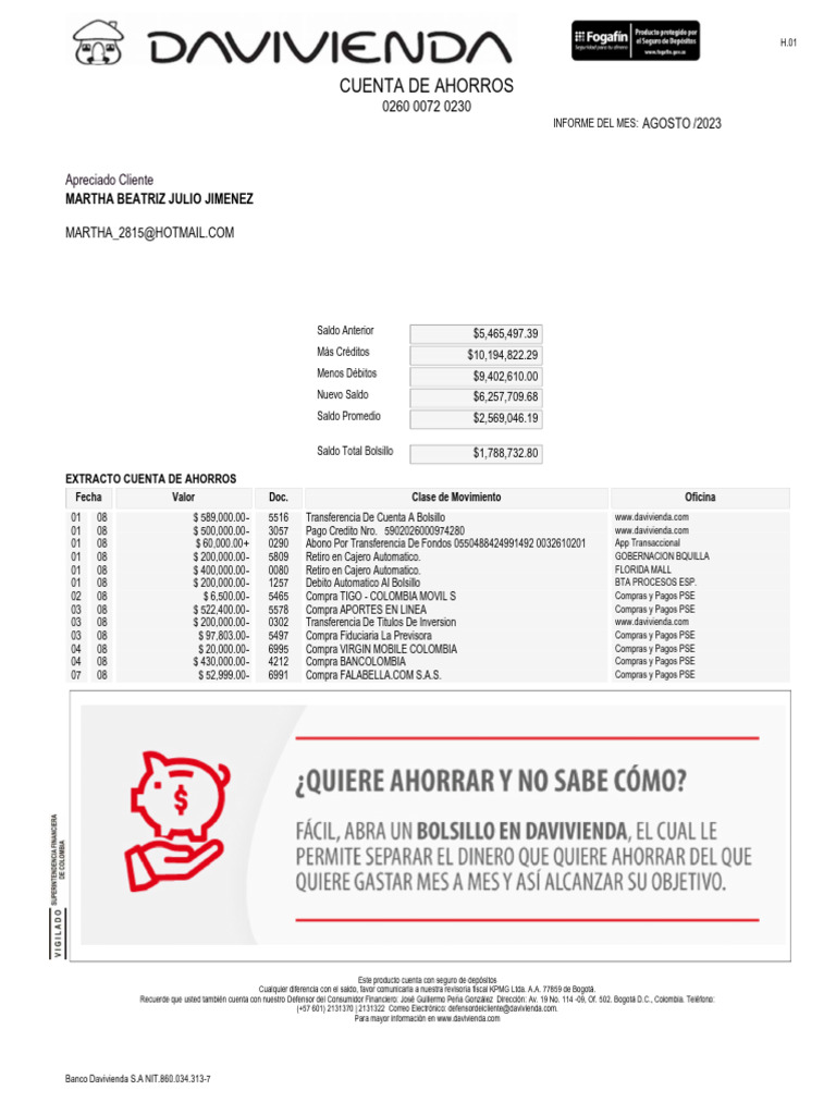 Extracto Mensual de Cuenta Davivienda | PDF | Bancos | Finanzas personales
