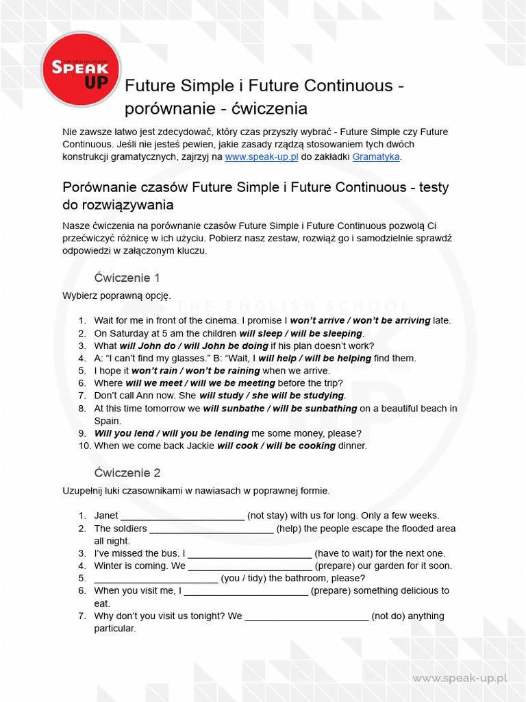 Cwiczenia Future Simple Future Continuous Porownanie | PDF