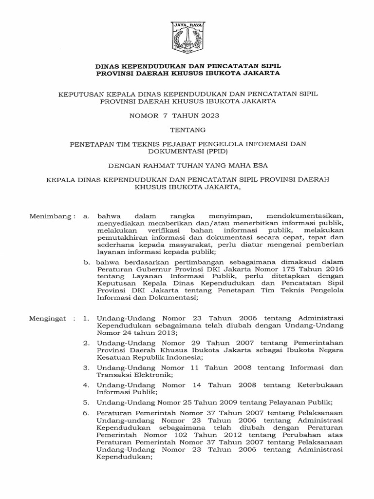 SK Kadisdukcapil No 7 Tahun 2023 Penetapan Tim Teknis Ppid | PDF