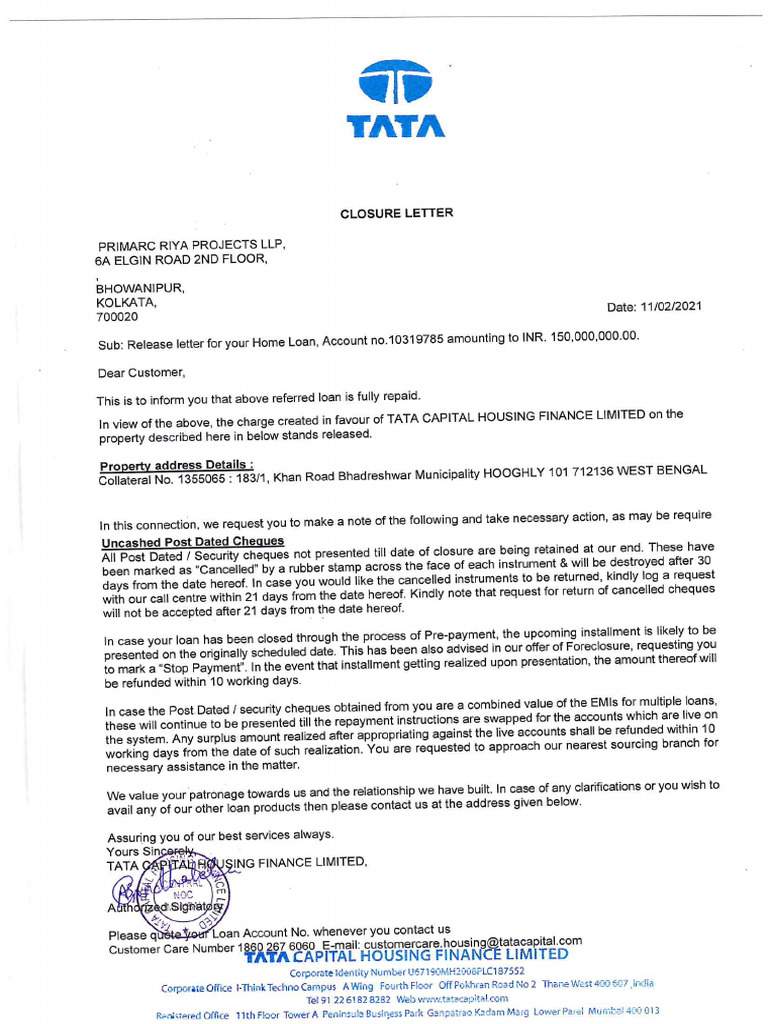 Loan Closure Letter - TATA | PDF