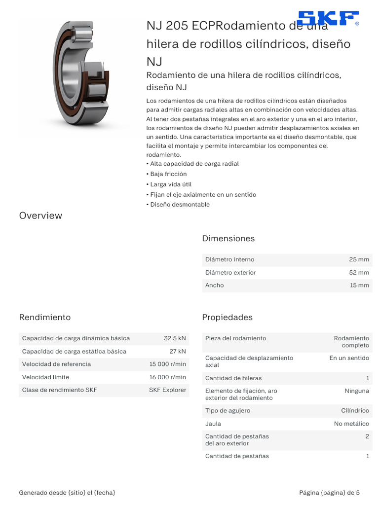 SKF NJ 205 ECPRodamiento de Una Hilera de Rodillos Cilíndricos, Diseño ...