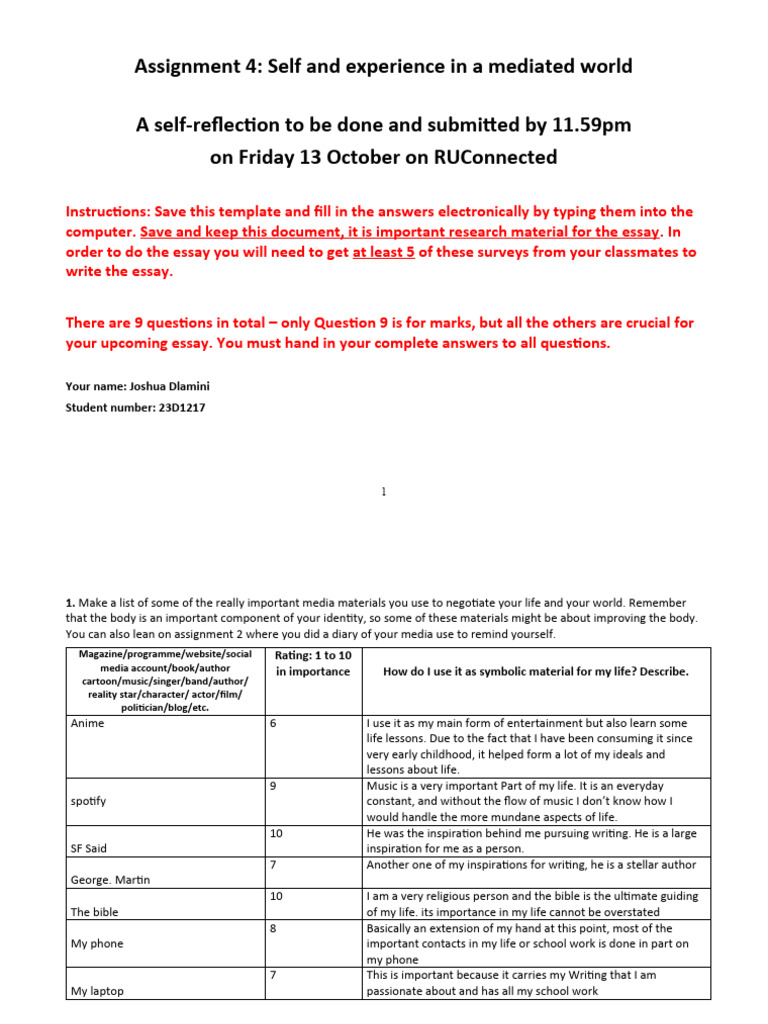 Joshua Dlamini g23d1217 Assignment 4 Self Formation Survey and Writing ...