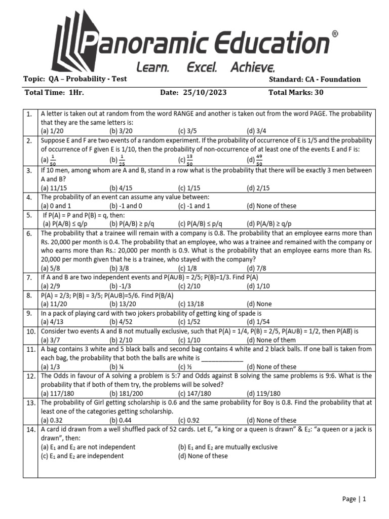 Probability Quiz for CA Foundation | PDF | Odds | Probability