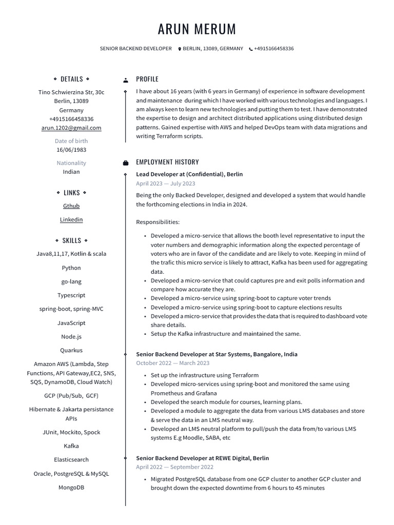 Arun Merum Senior Backend Developer Java Kotlin Springboot Aws Tdd Pdf Software Architecture