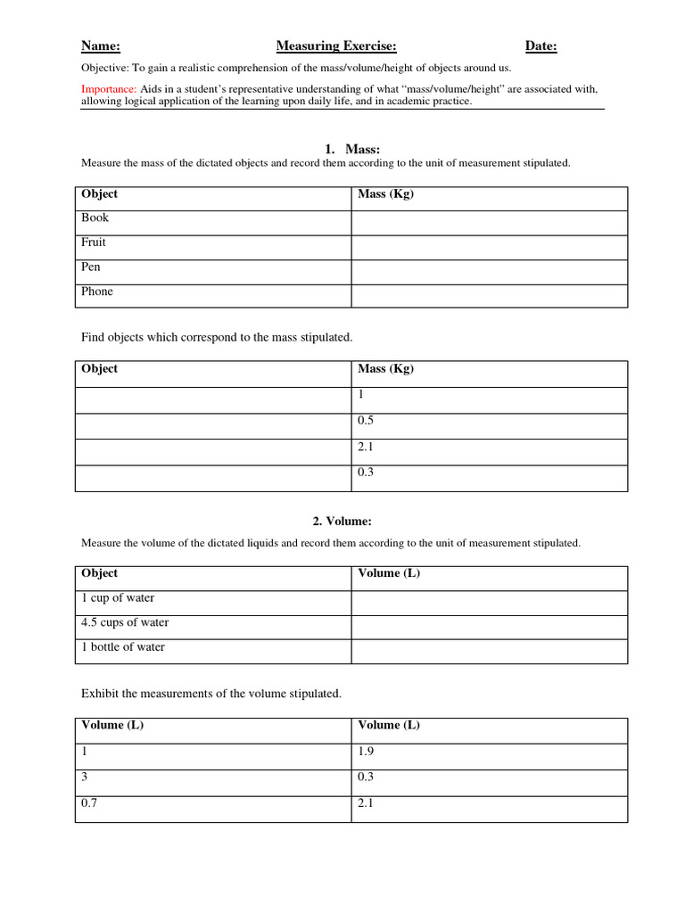 Length, Mass and Volume Exercise | PDF | Volume | Length