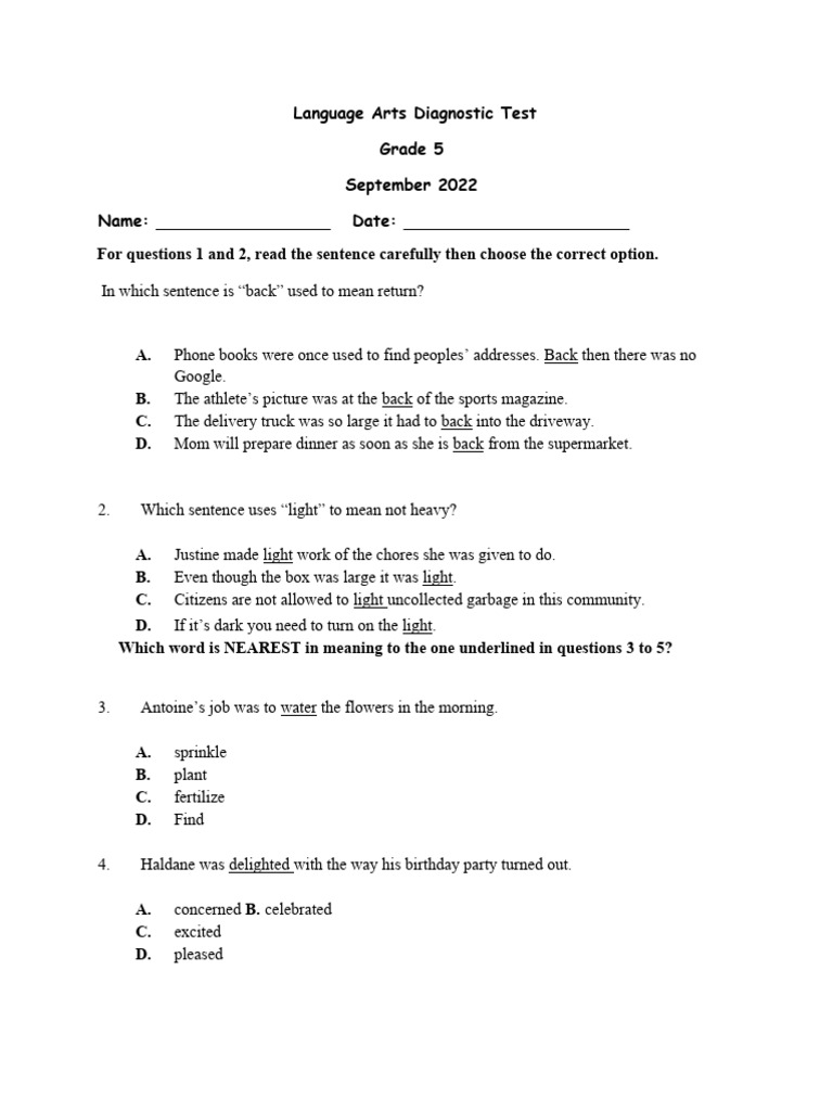 Grade 5 Language Arts Diagnostic Test Form 2022 | PDF | Social Science ...