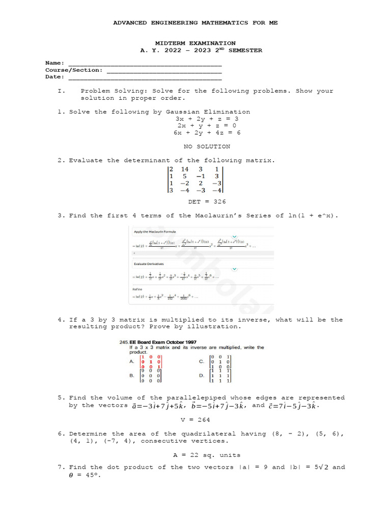 Midterm Examination Advanced Mathematics For Me | PDF | Euclidean Vector | Matrix (Mathematics)