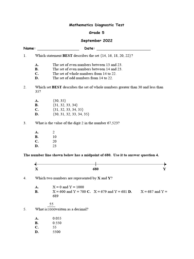 Grade 5 Mathematics Diagnostic Test Form 2022 | PDF
