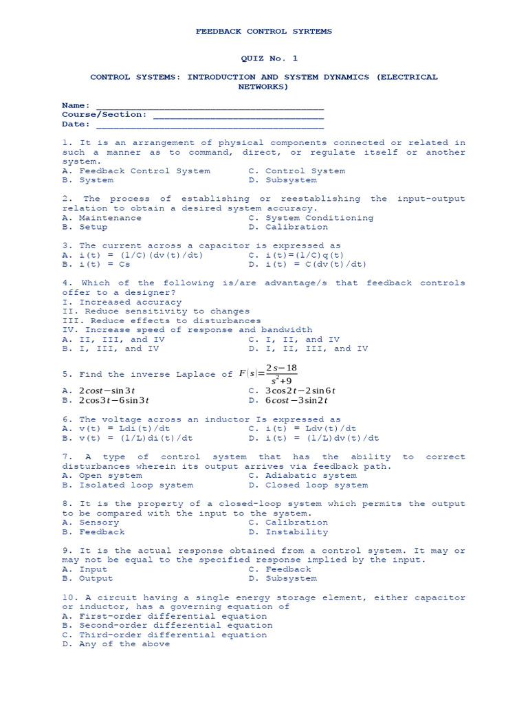 Feedback Control Systems Quiz 1 | PDF | Control Theory | Electrical Network