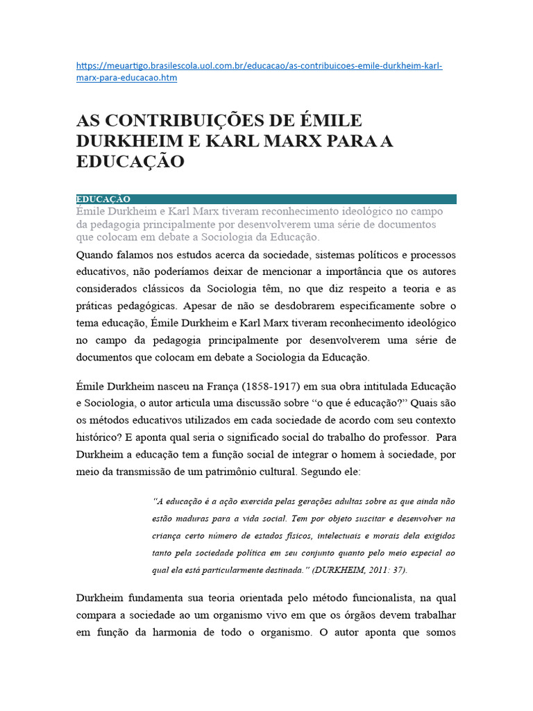 AS CONTRIBUIÇÕES DE ÉMILE DURKHÉIM E KARL MARX PARA A EDUCAÇÃO | PDF ...