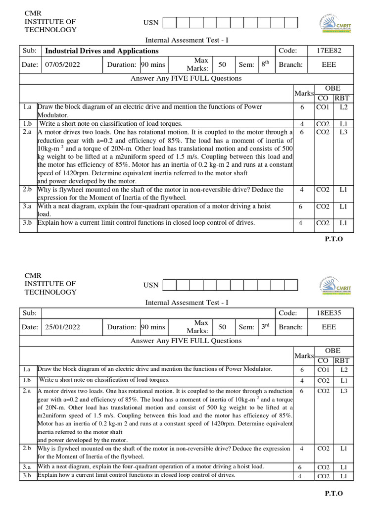 IAT-I Question Paper With Solution of 17EE82 Industrial Drives and ...