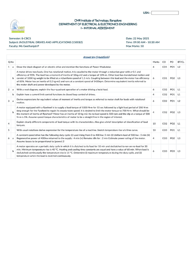 IAT-I Question Paper With Solution of 17EE82 Industrial Drives and ...