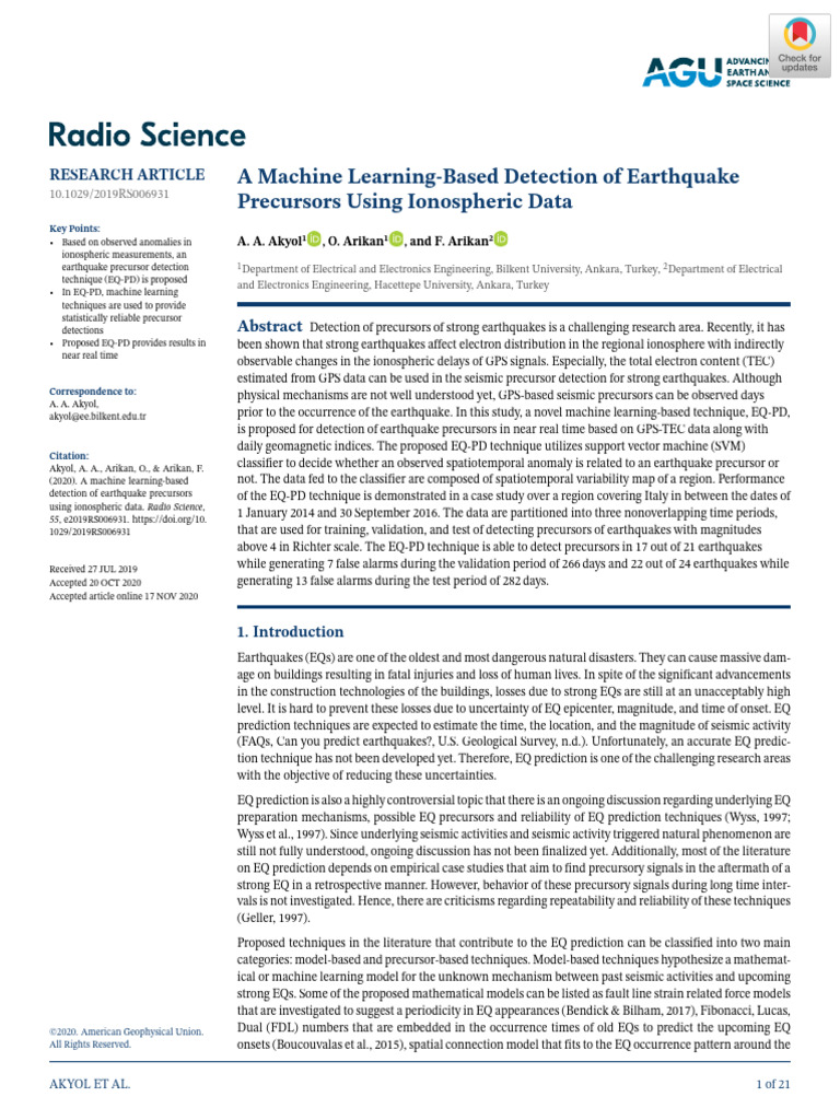 Akyol, A. A., Arikan, O., & Arikan, F. (2020) - A Machine Learning Based Detection of Earthquake ...