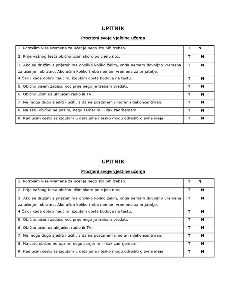 UPITNIK - Procjeni Svoje Vjestine | PDF