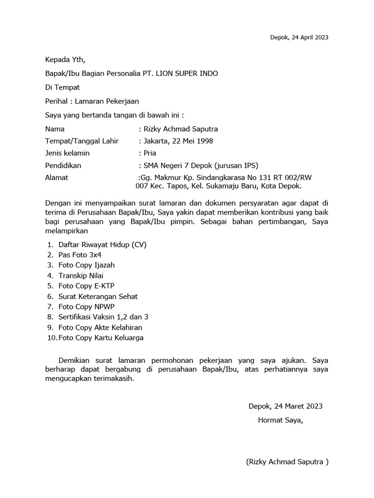 Surat Lamaran Kerja Rizky | PDF