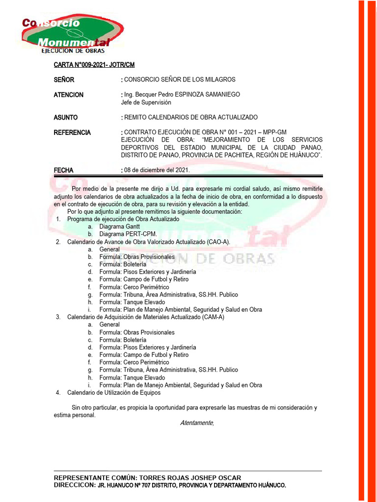 Carta N° 009-Entrega de Calendarios | PDF