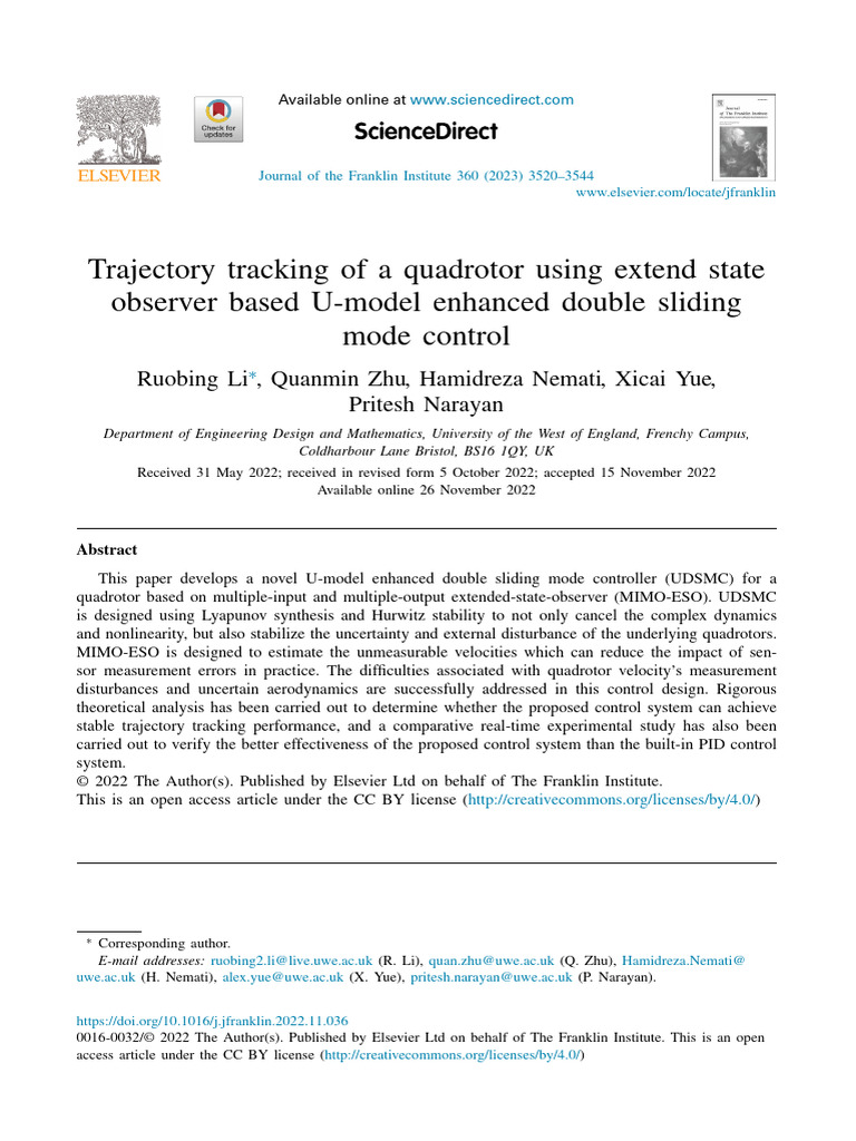 Trajectory Tracking Of A Quadrotor Using Extend State Observer Based U Model Enhanced Double