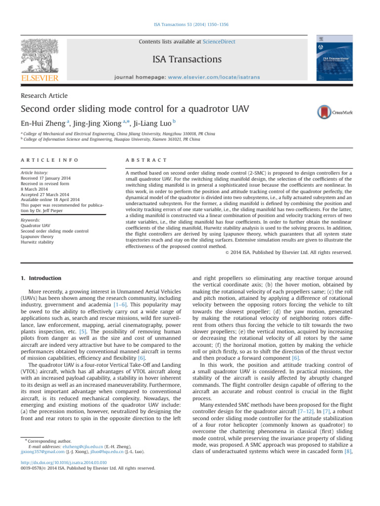 Second Order Sliding Mode Control For A Quadrotor Uav Pdf
