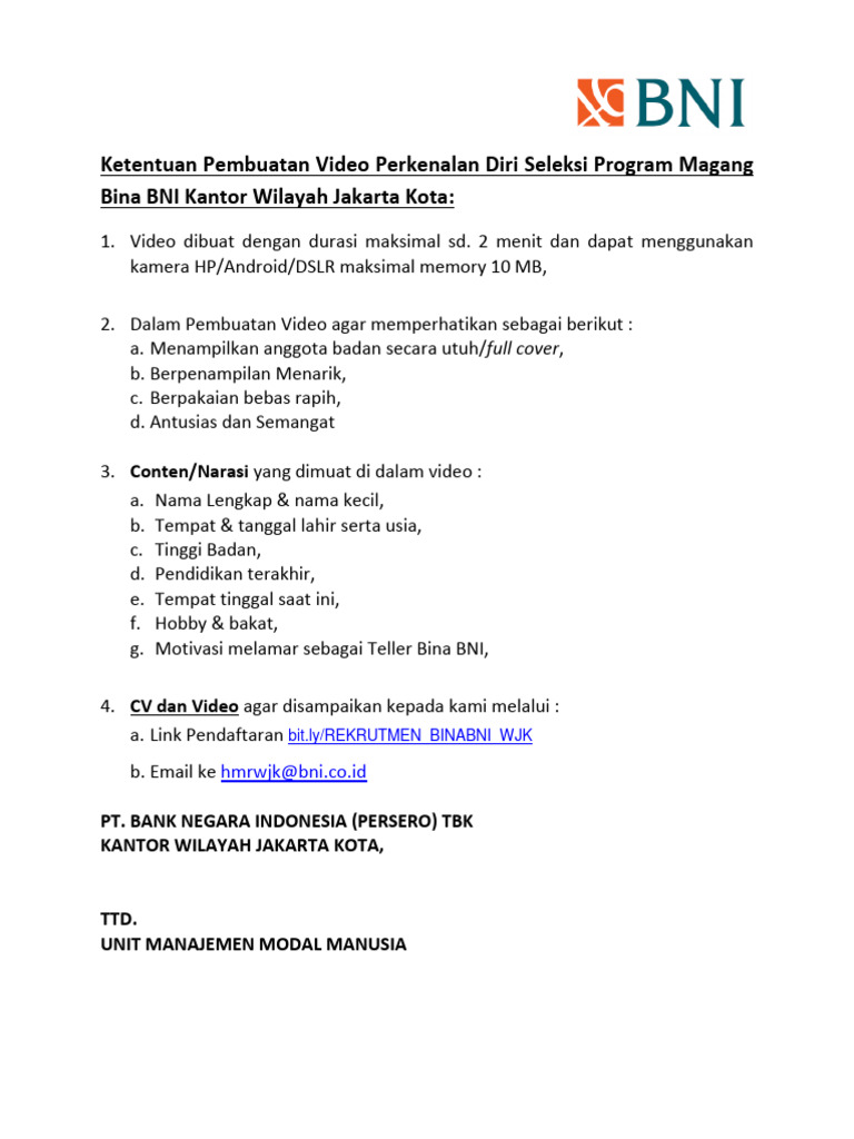 Ketentuan Pembuatan Video Perkenalan Diri | PDF