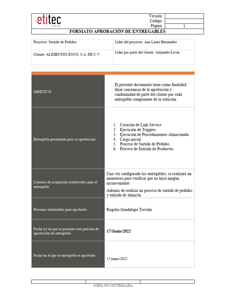 Formato para Aprobación de Entregables | PDF | Informática | Tecnologías de la información