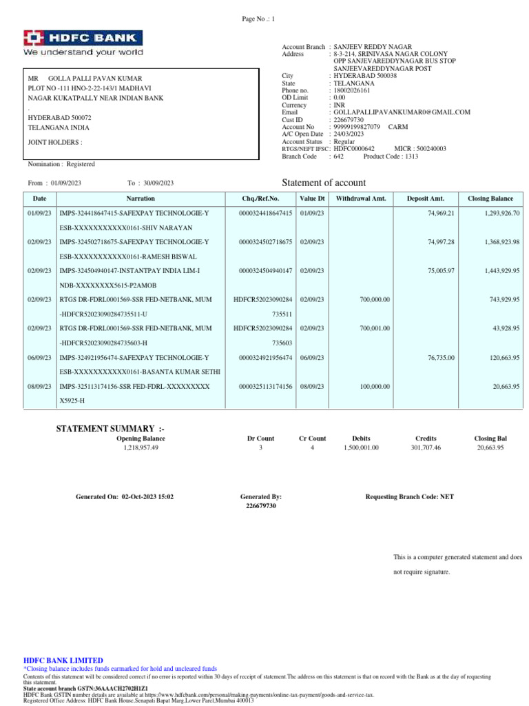 Hdfc Bank Statement Pdf