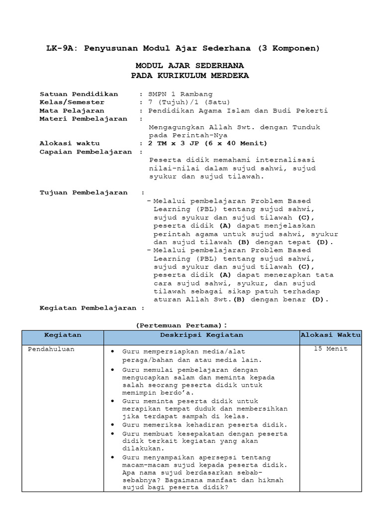 Tugas Modul Ajar Hari Senin Lk-9a, LK-9B | PDF