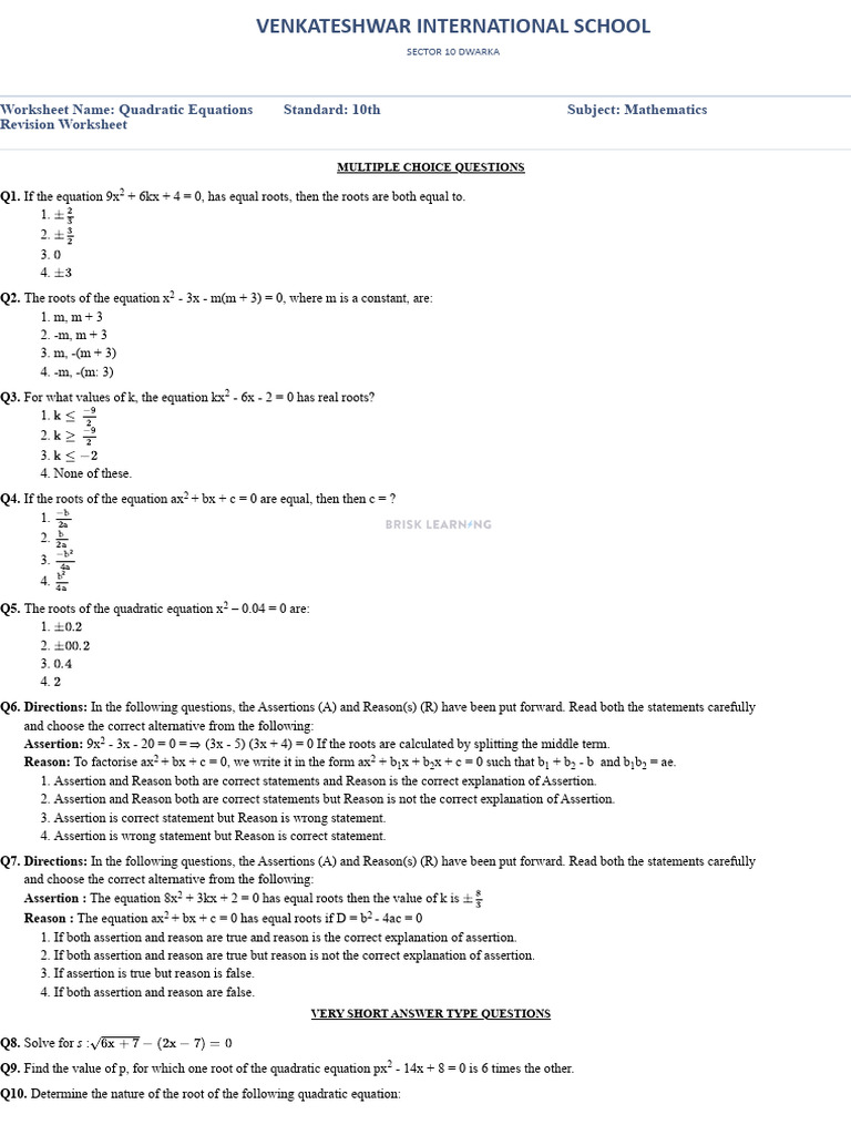 Quadratic Equations Revision Assignment | PDF | Quadratic Equation ...