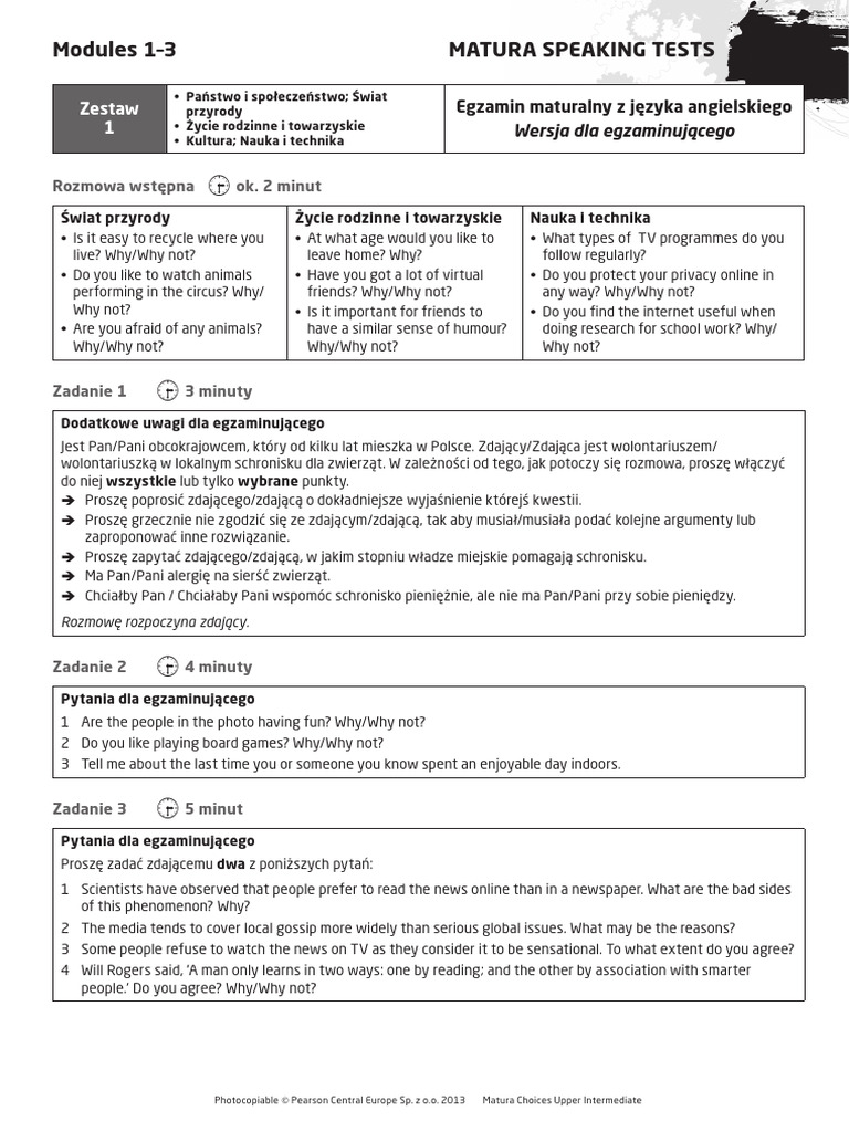 Matura Speaking Test 1 Examiner | PDF