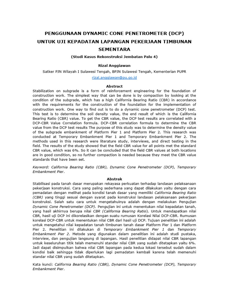Penggunaan Dynamic Cone Penetrometer (DCP) Untuk Uji Kepadatan Lapangan Pada Pekerjaan Timbunan ...