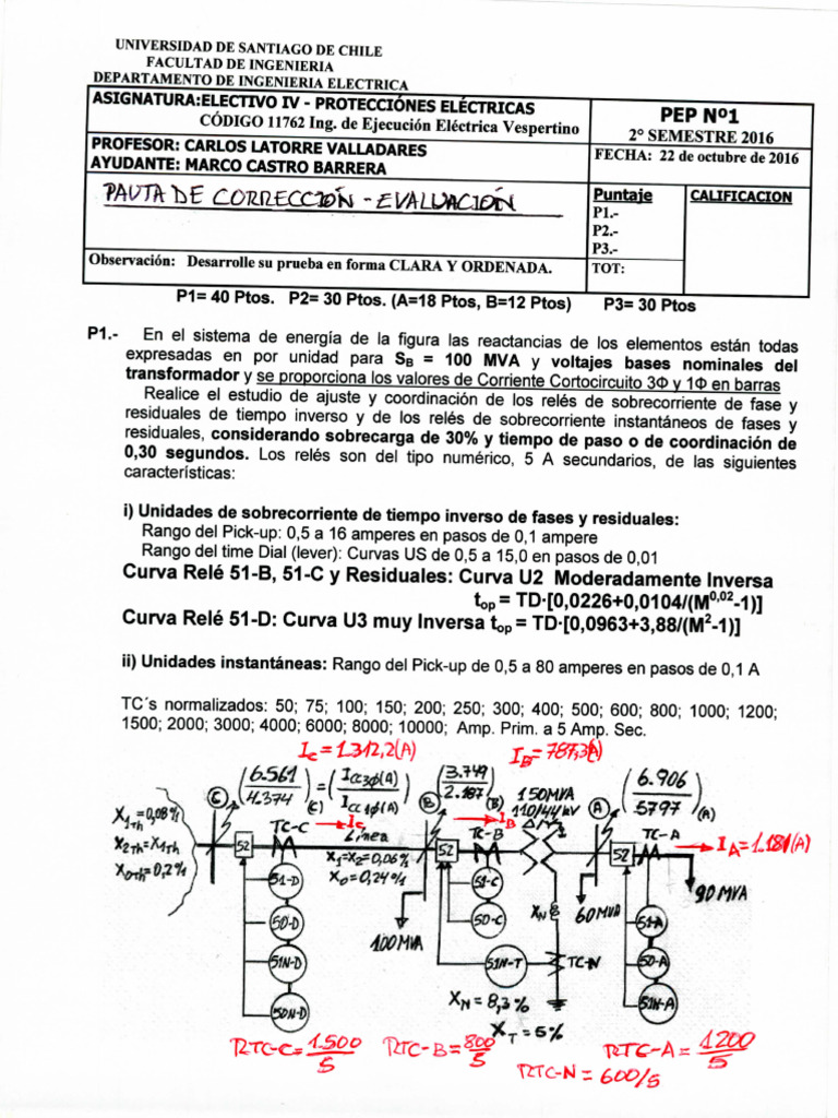 Pauta Correcc y Evlaluacion PEP1 Protecc Vesp 2° Sem-2016 | PDF | Energia electrica | Ingeniería ...