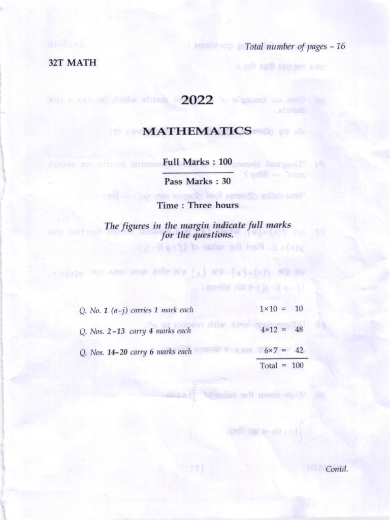 Mathematics Question Paper For H S Final Examination 2022 | PDF