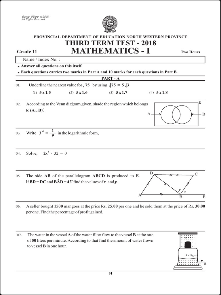 Grade 11 Mathematics 3rd Term Test Paper 2018 English Medium - North ...