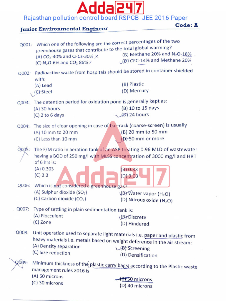 Rajasthan Pollution Control Board RSPCB JEE 2016 Paper - Removed | PDF | Gases | Atmosphere