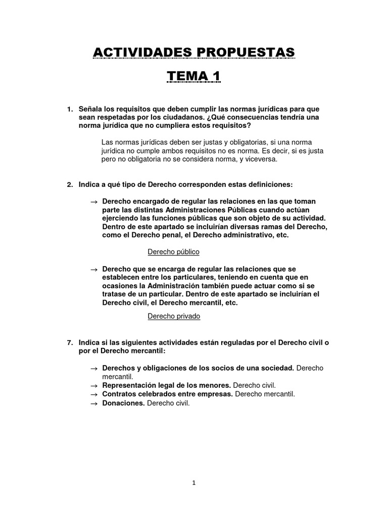 Actividades Propuestas y Finales Tema 1 Jurídica | PDF | Derecho Civil (Common Law) | Regulación